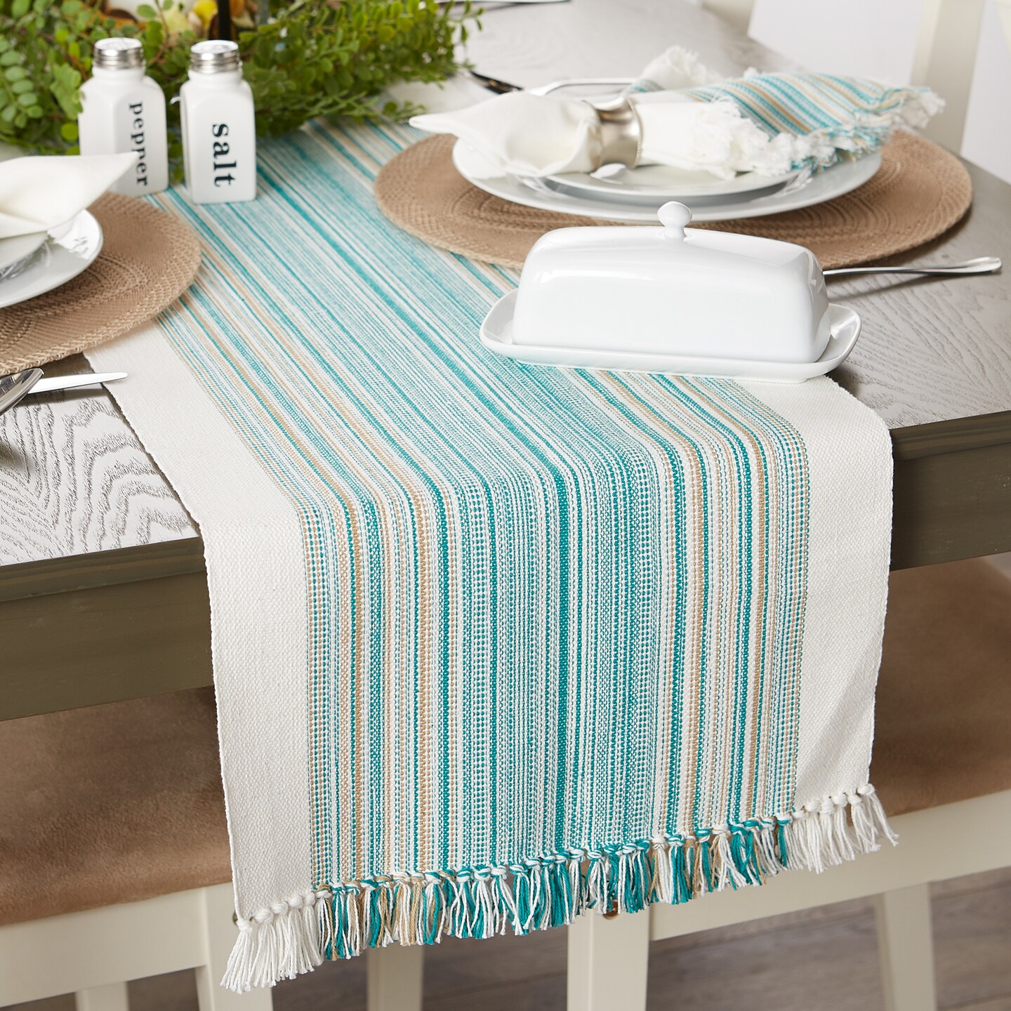 DII Teal Blue Striped Fringed Table Runner 14x108 | Table Linens ...