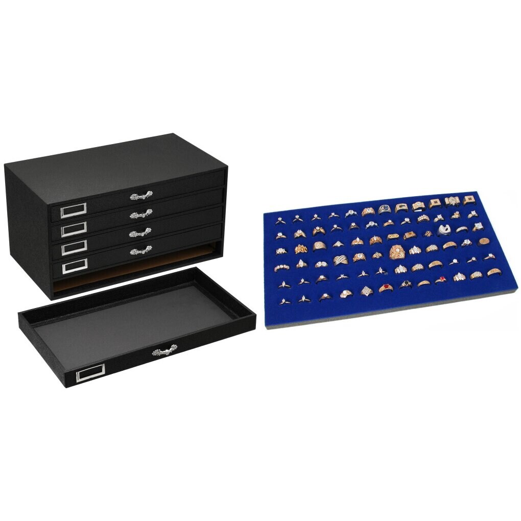 Black FindingKing 5-Drawer Jewelry Case w/ 5 Blue 72-Slot Foam Ring ...