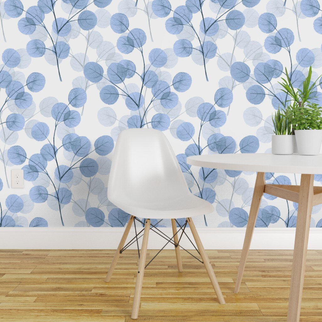 Pre Pasted Wallpaper 2ft Wide Round Leaves Blue Floral Watercolor
