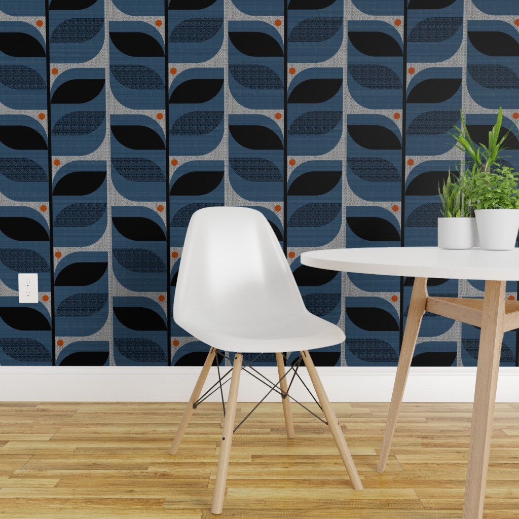 Pre-Pasted Wallpaper 2FT Wide Mid Century Tropical Leaves Blue Retro ...