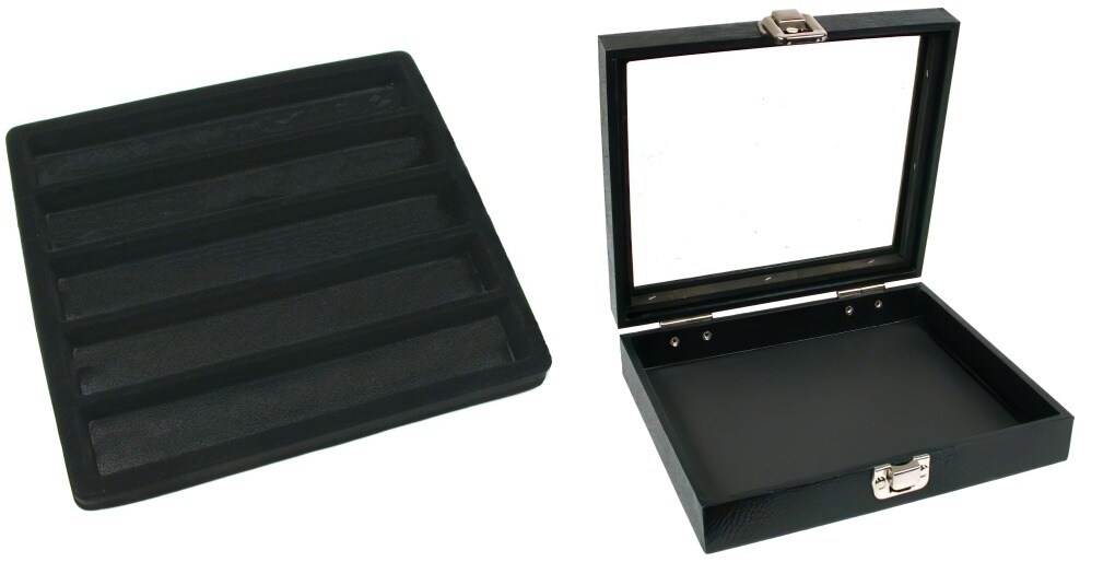 Black Sqaure Glass-top Case (Single Metal Latch) w/ Black 5-slot ...