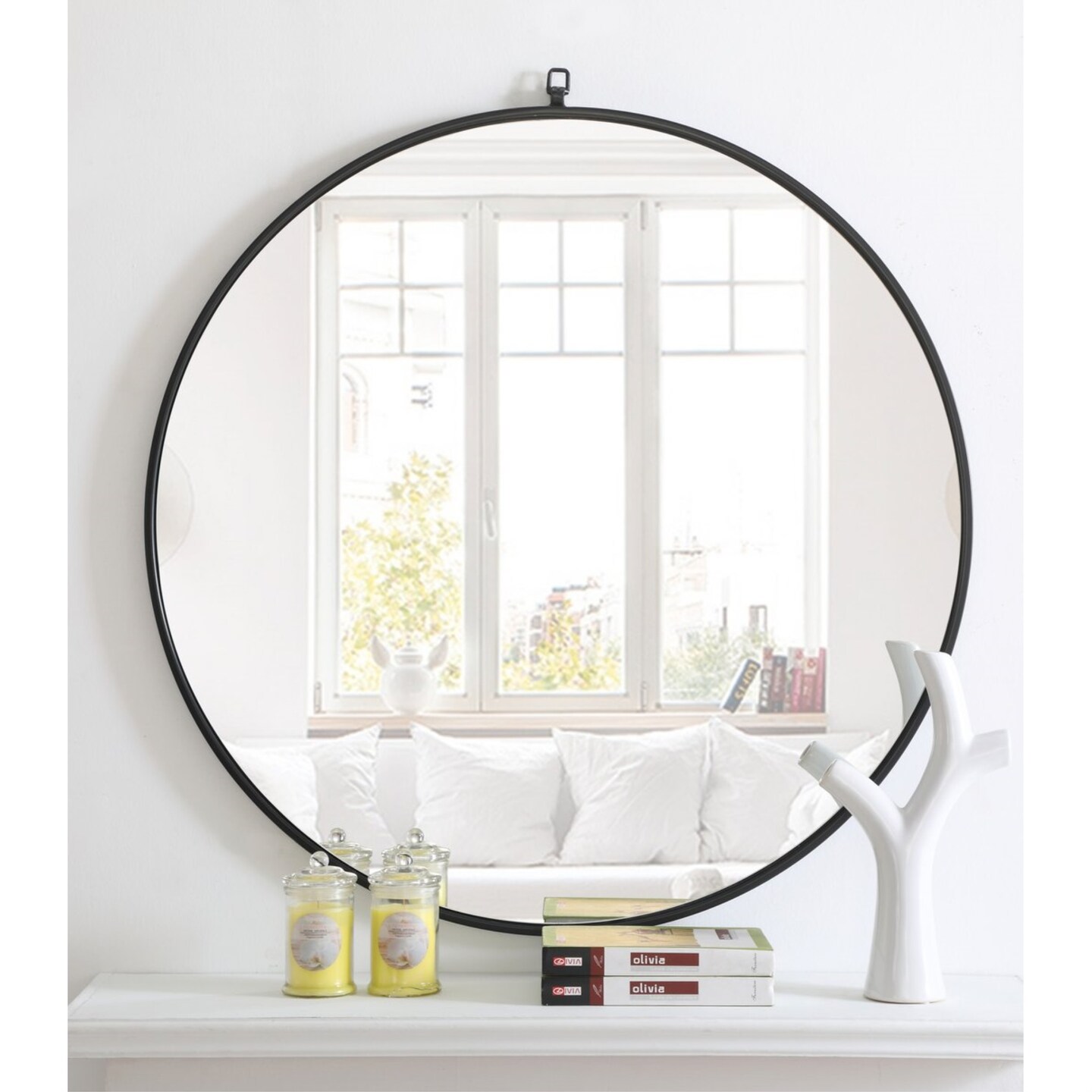 Metal frame Round Mirror with decorative hook 36 inch Black finish ...