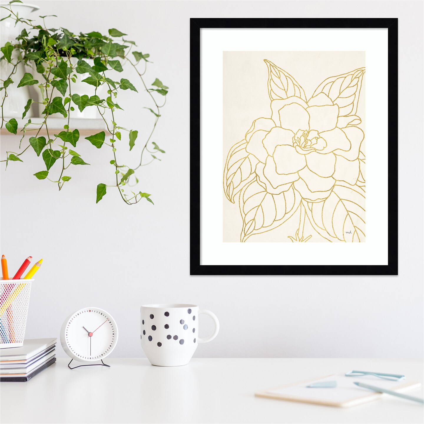 Gold Gardenia Line Drawing by Moira Hershey Wood Framed Wall Art Print ...