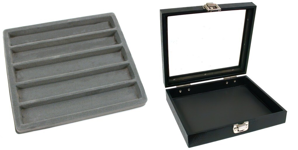 Black Sqaure Glass-top Case (Single Metal Latch) w/ Gray 5-slot Plastic ...
