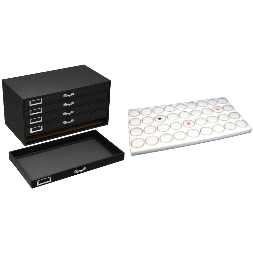 Black FindingKing 5-Drawer Jewelry Storage Case w/ 5 White 36 Gem Jar ...