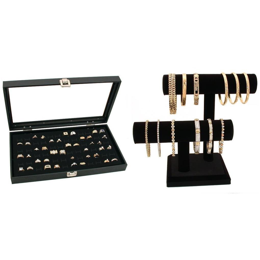 Glass Top Case W/ 72 Slot Ring Foam Insert & 2-Tier T-Bar Display Stand ...