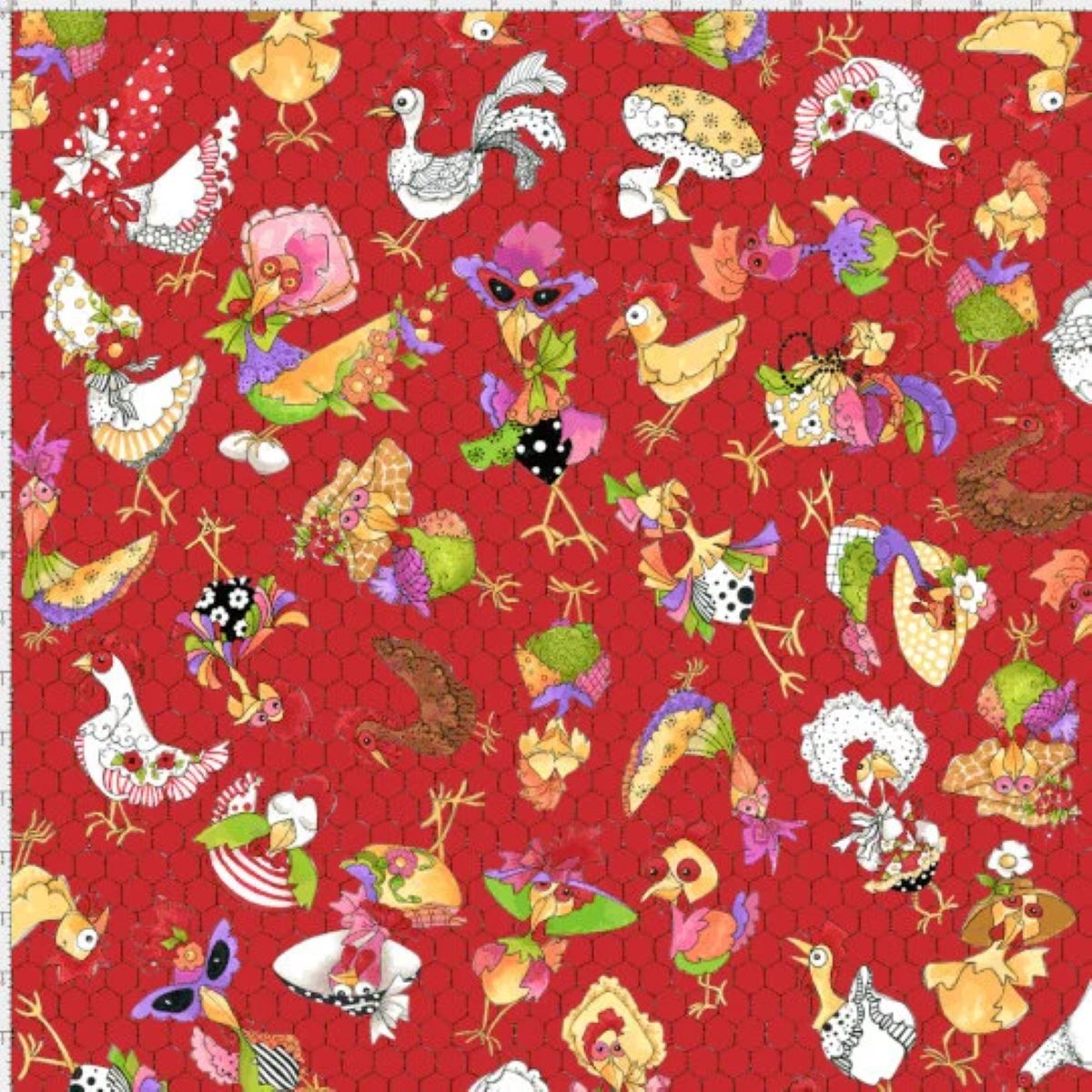 Coopers Chickens With Wire on Red cotton Fabric by Loralie Designs ...