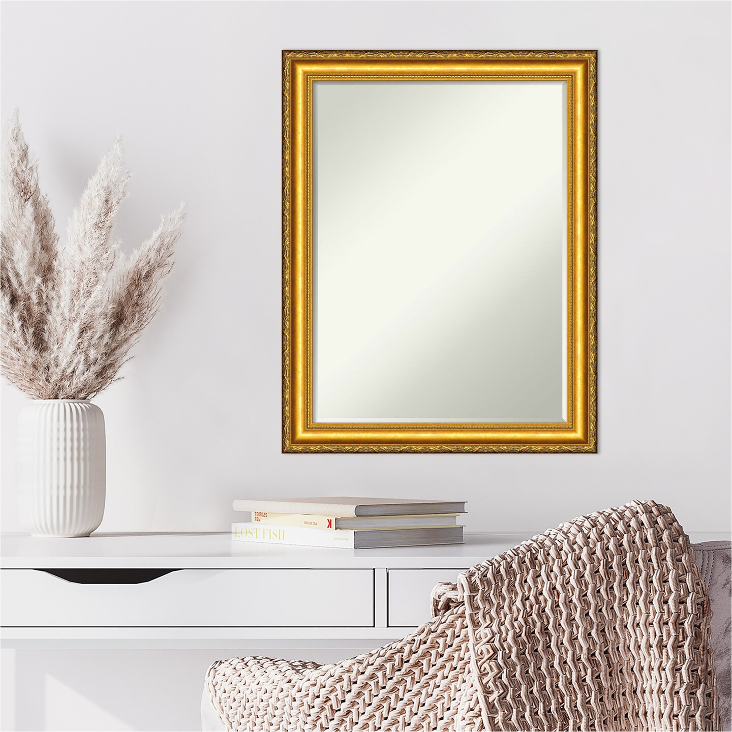 Petite Bevel Wood Wall Mirror, Colonial Embossed Gold Frame | Mirrors ...