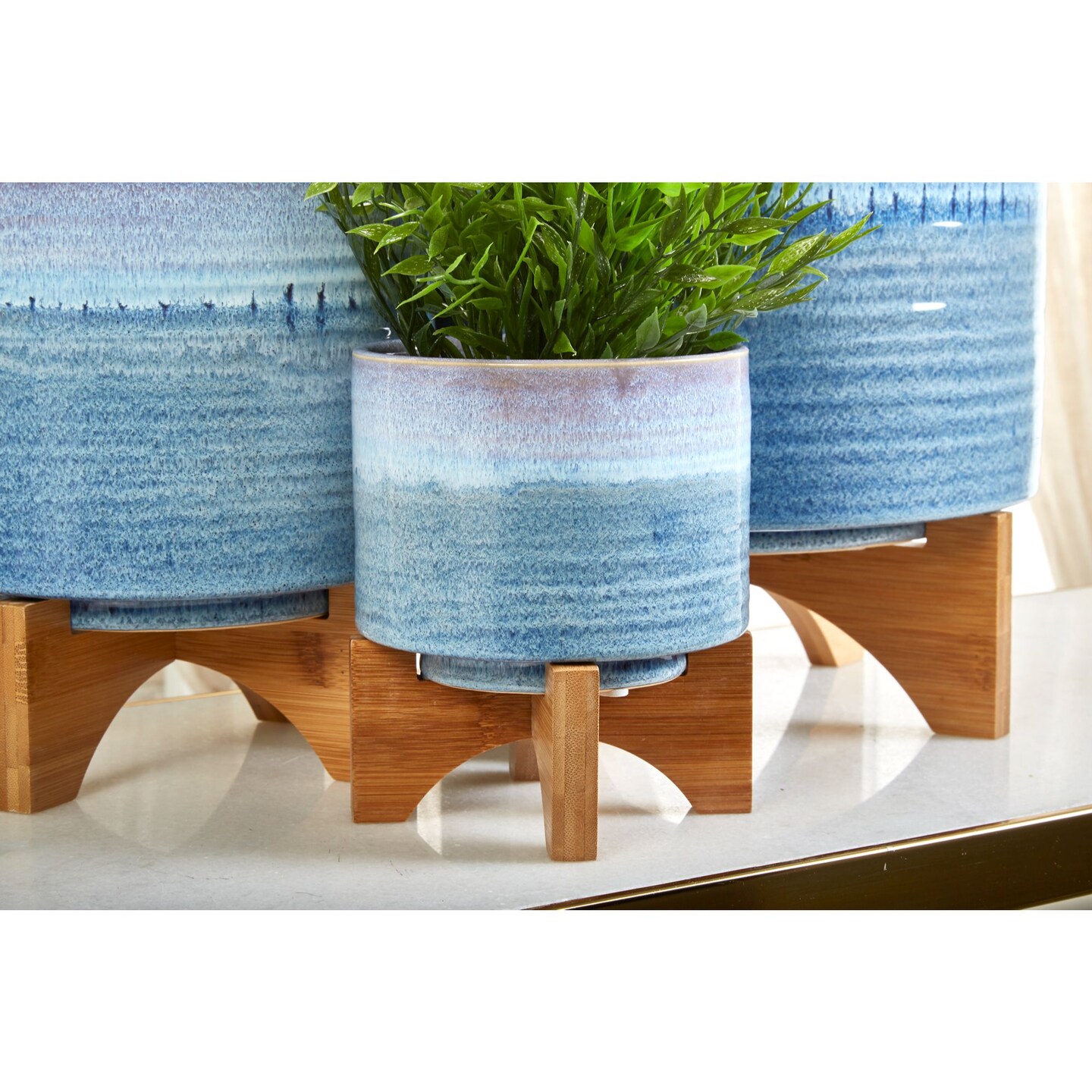 Kingston Living 7" Pale Blue and Brown Ceramic Planter on Stand, Color ...