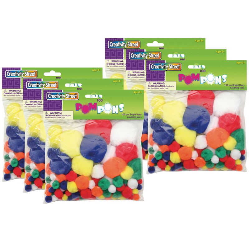 Pom Pons, Bright Hues, Assorted Sizes, 100 Per Pack, 6 Packs | Safety ...