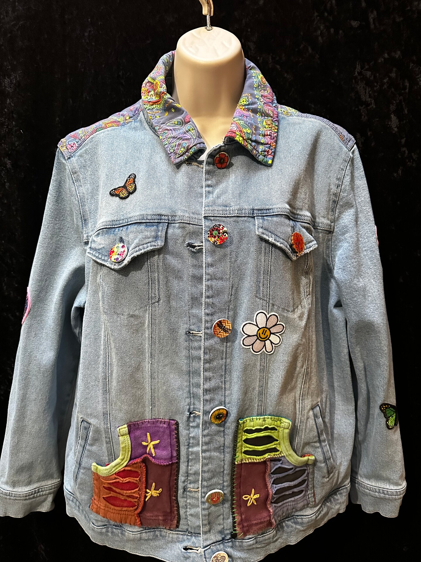 One of a kind inspirational hand drawn patchwork Jean jacket ...