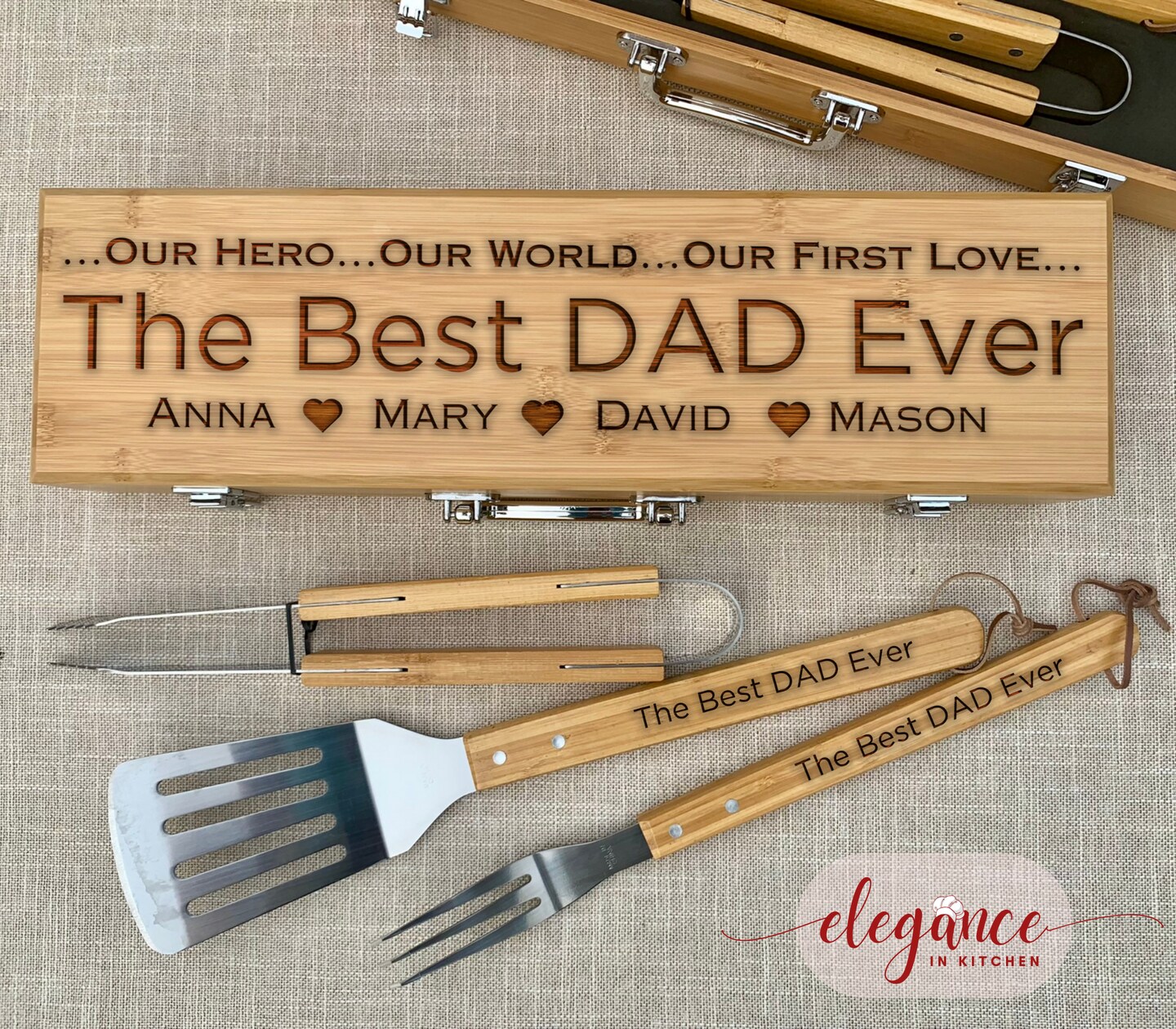 Personalized Engraved The Best Dad Ever Grill Set With Kids Name as Fathers Day Gift, Custom BBQ ...