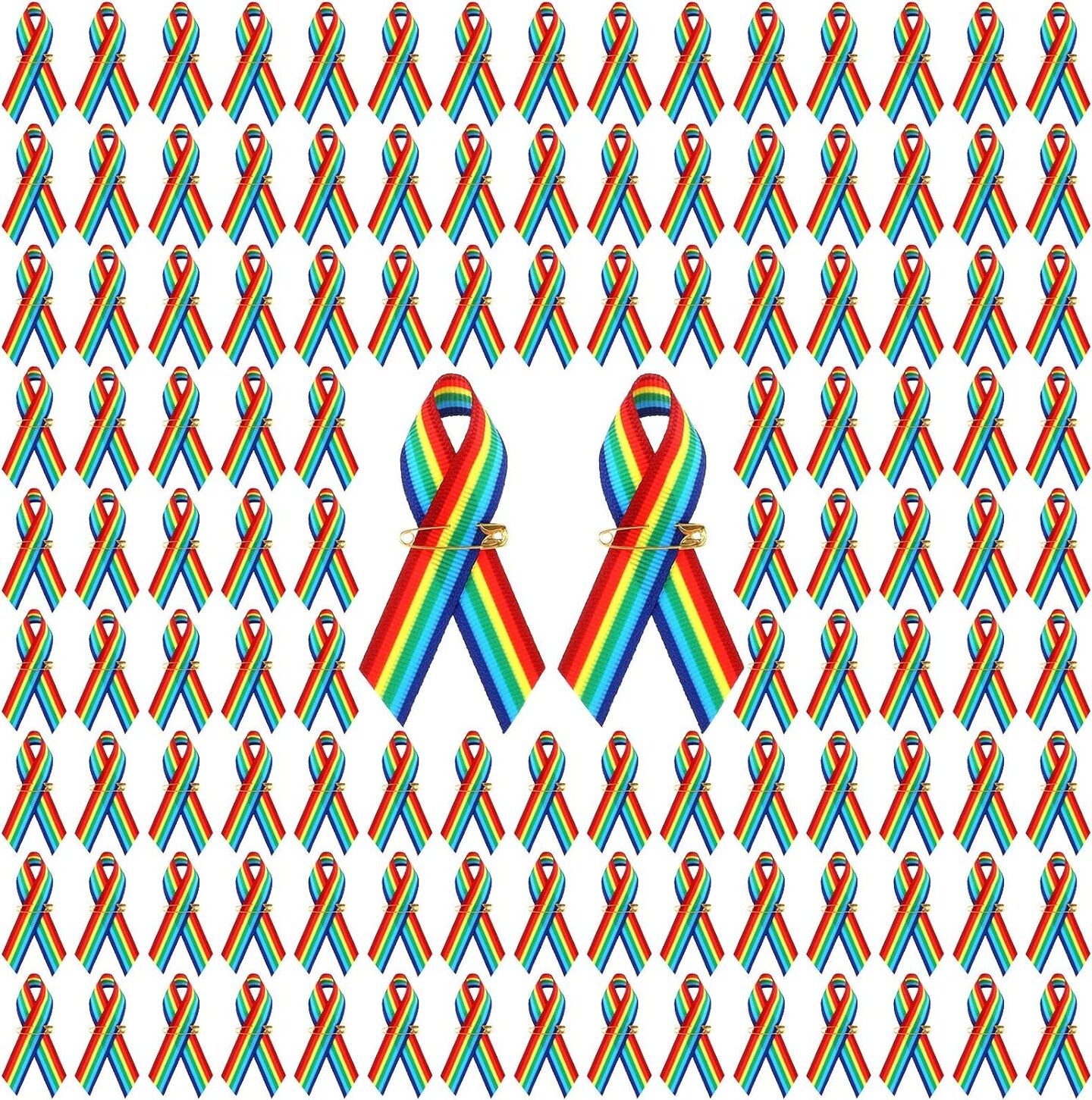 250 Pieces Rainbow Ribbon Gay Pride Ribbon with Safety Pins Bulk, Satin ...