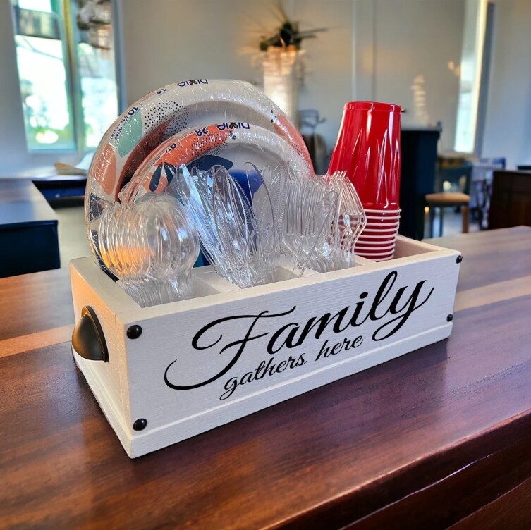 Personalized Paper Plate, Cup, Silverware Wood Holder | Family Gathers ...