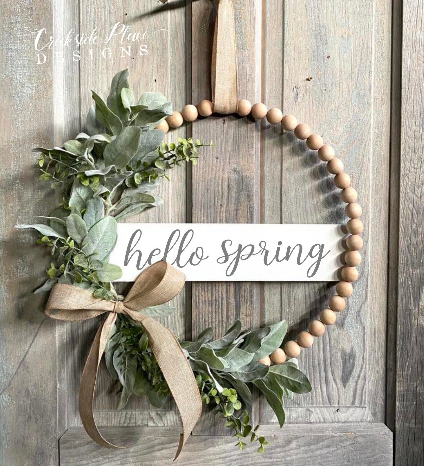 Spring Wood Bead Wreath with Greenery, Hello Spring, 16 inches ...