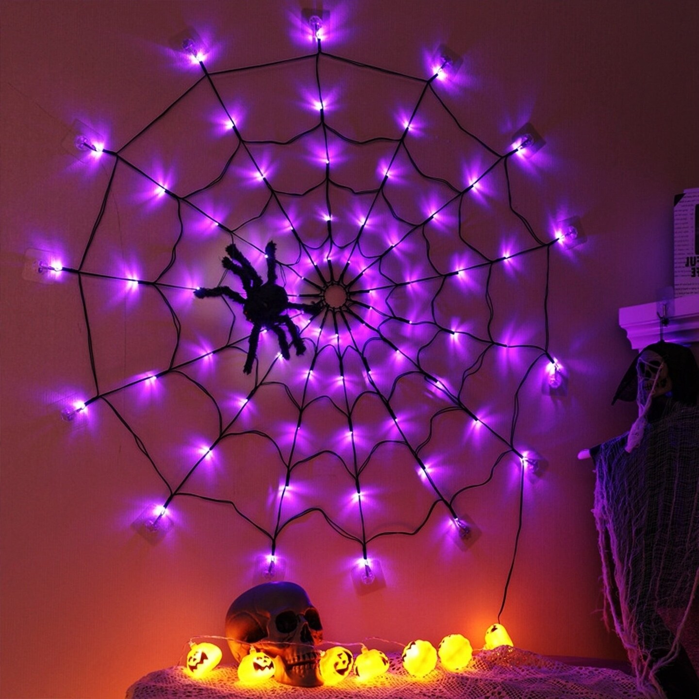 3.28Ft Spider Web Light With Hairy Spider 70Led Battery Powered Remote ...