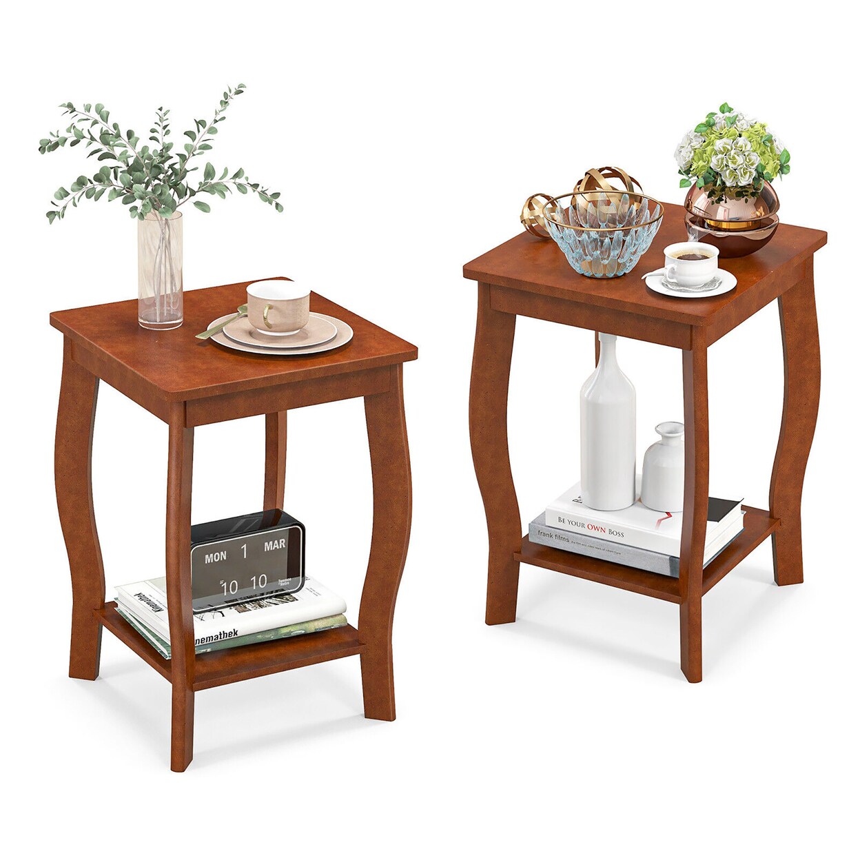 2-Tier Square End Table Set Of 2 Narrow Sofa Side Nightstand W/ Storage ...