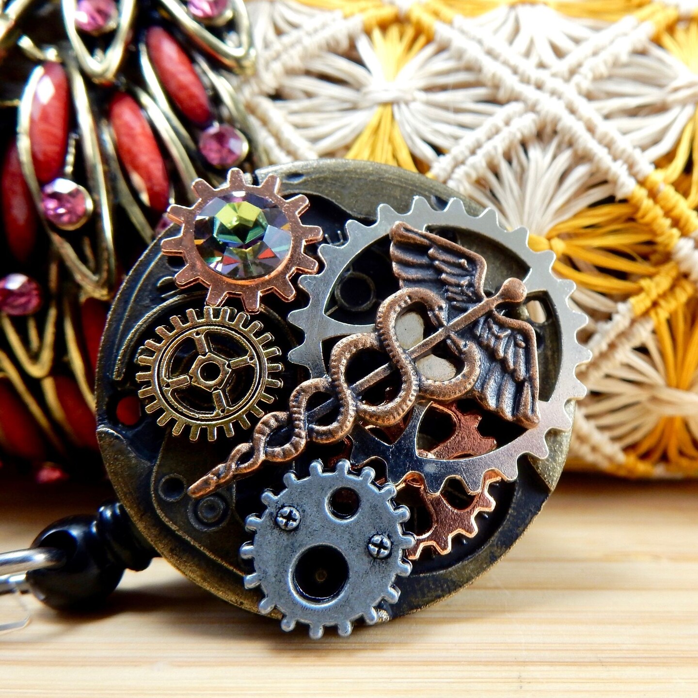 Custom Steampunk Caduceus Badge Clip, Rhinestone Steampunk Retractable ...