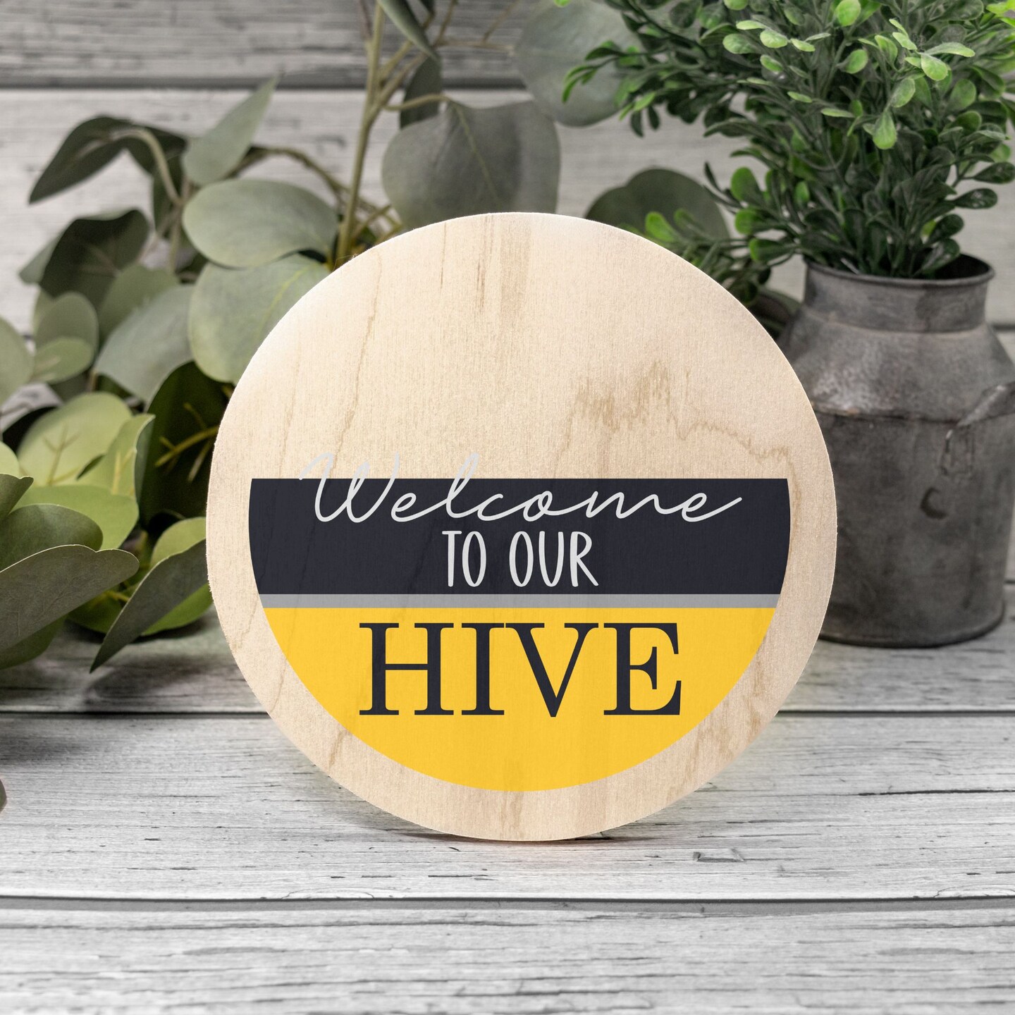 Welcome Our Hive Round Wooden Sign with Black and Yellow Stripes ...