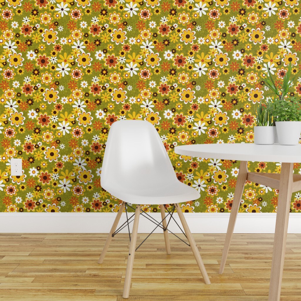 Pre-Pasted Wallpaper 2FT Wide Retro Geo Flowers Flower Daisy Tangerine ...