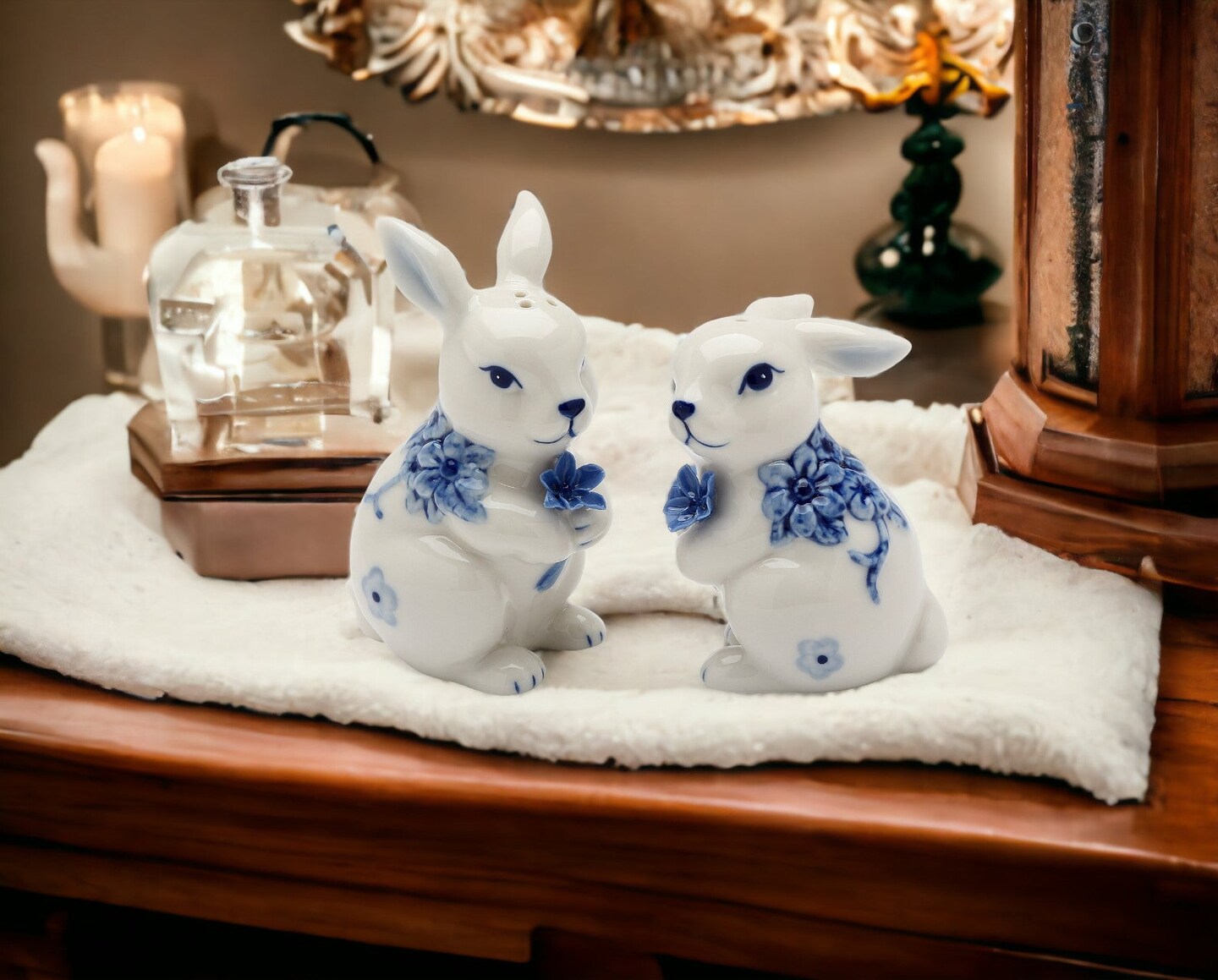 Ceramic Easter Bunny Rabbits with Blue Flowers Salt and Pepper Shakers ...