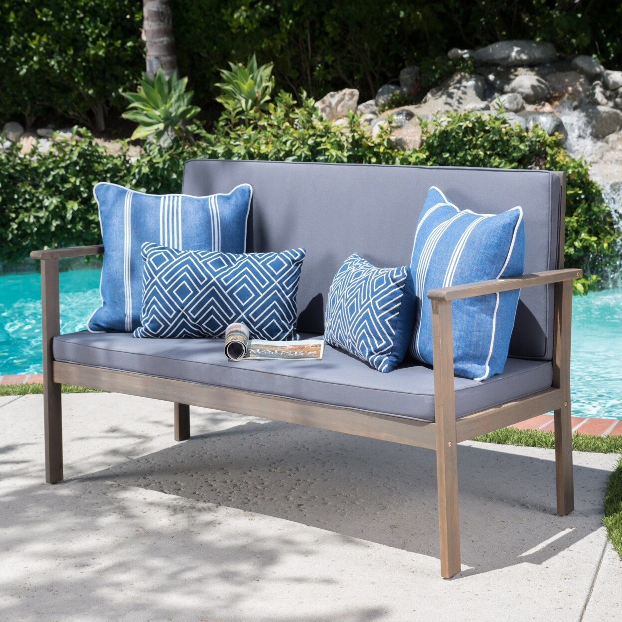 GDFStudio Luna Outdoor Finished Acacia Wood Bench with Water Resistant ...