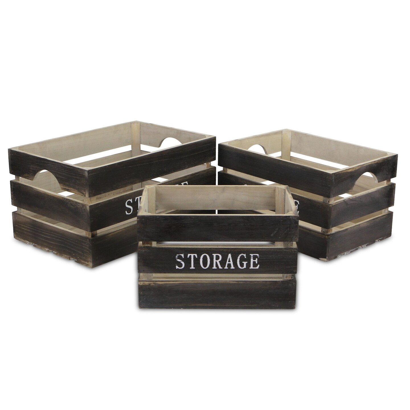 Contemporary Home Living Set of 3 Brown Farmhouse Style Storage Crates ...