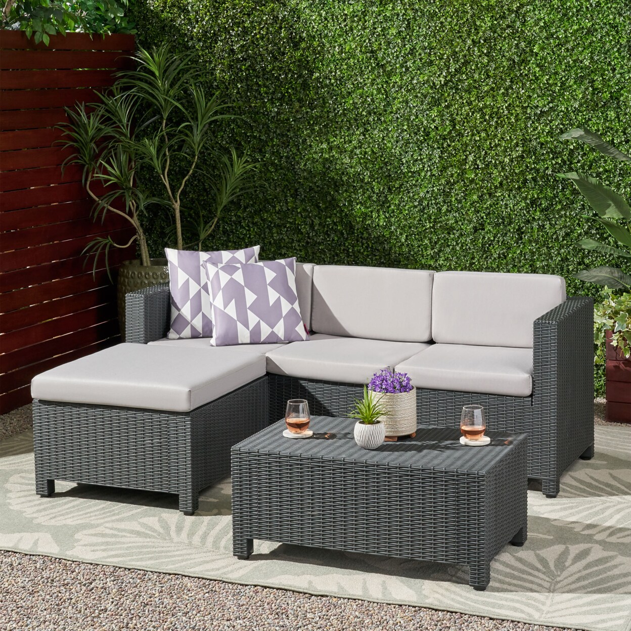 GDF Studio Odessa Outdoor Wicker 3 Seater Sectional Set with Ottoman ...