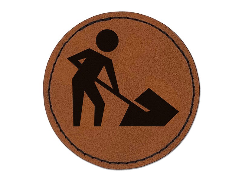 Man with Shovel Construction Zone Sign Round Iron-On Engraved Faux ...