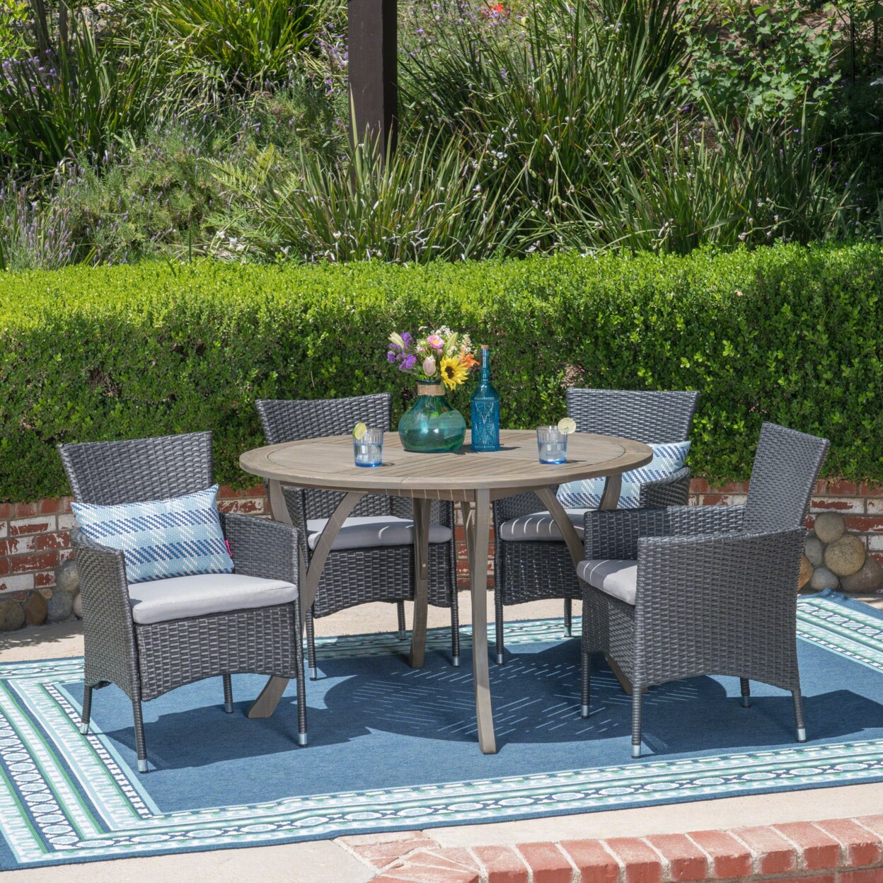 GDFStudio Valena Outdoor 5 Piece Acacia Wood and Wicker Dining Set ...