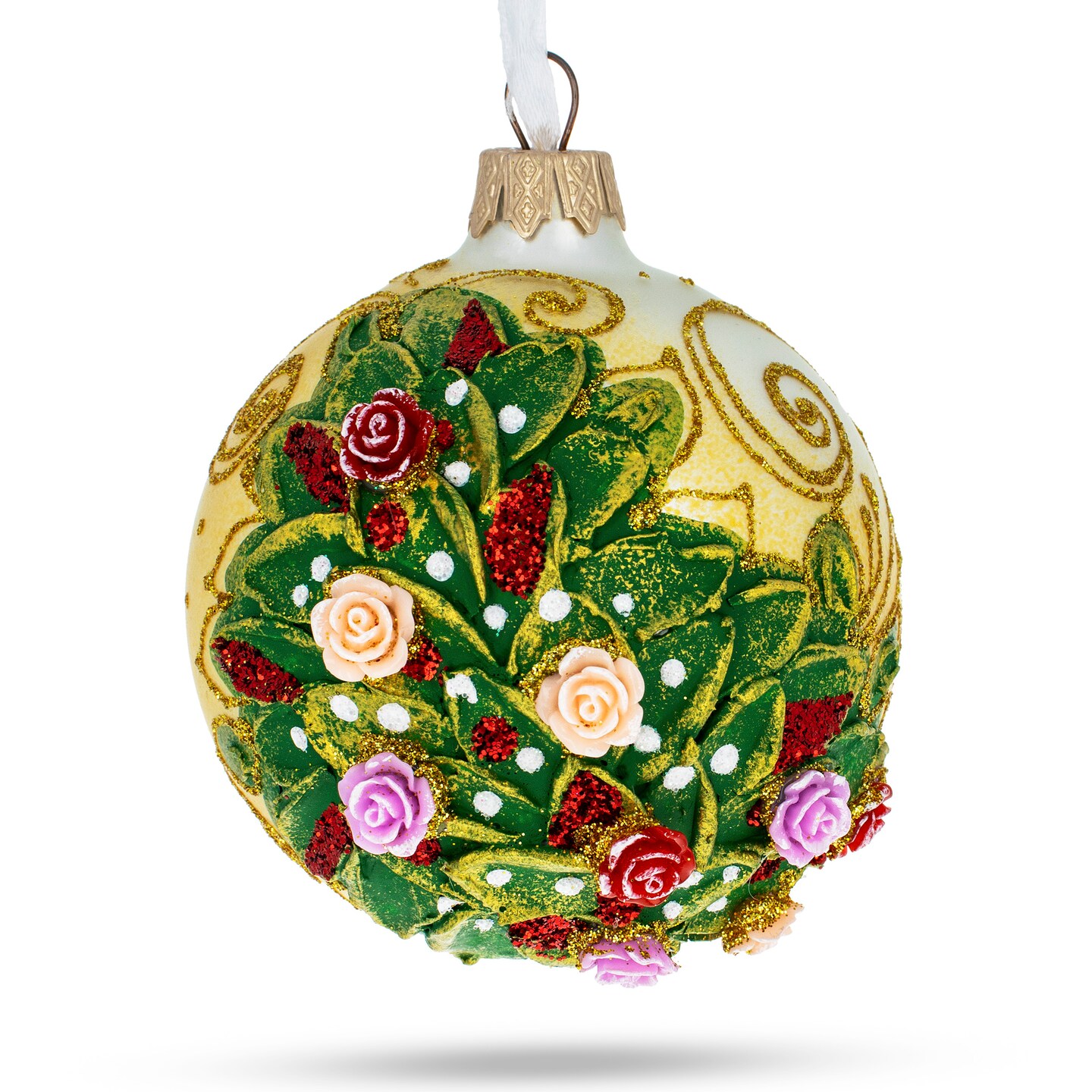 Embossed Roses Bouquet on Pristine White Glass Ball Christmas Ornament ...