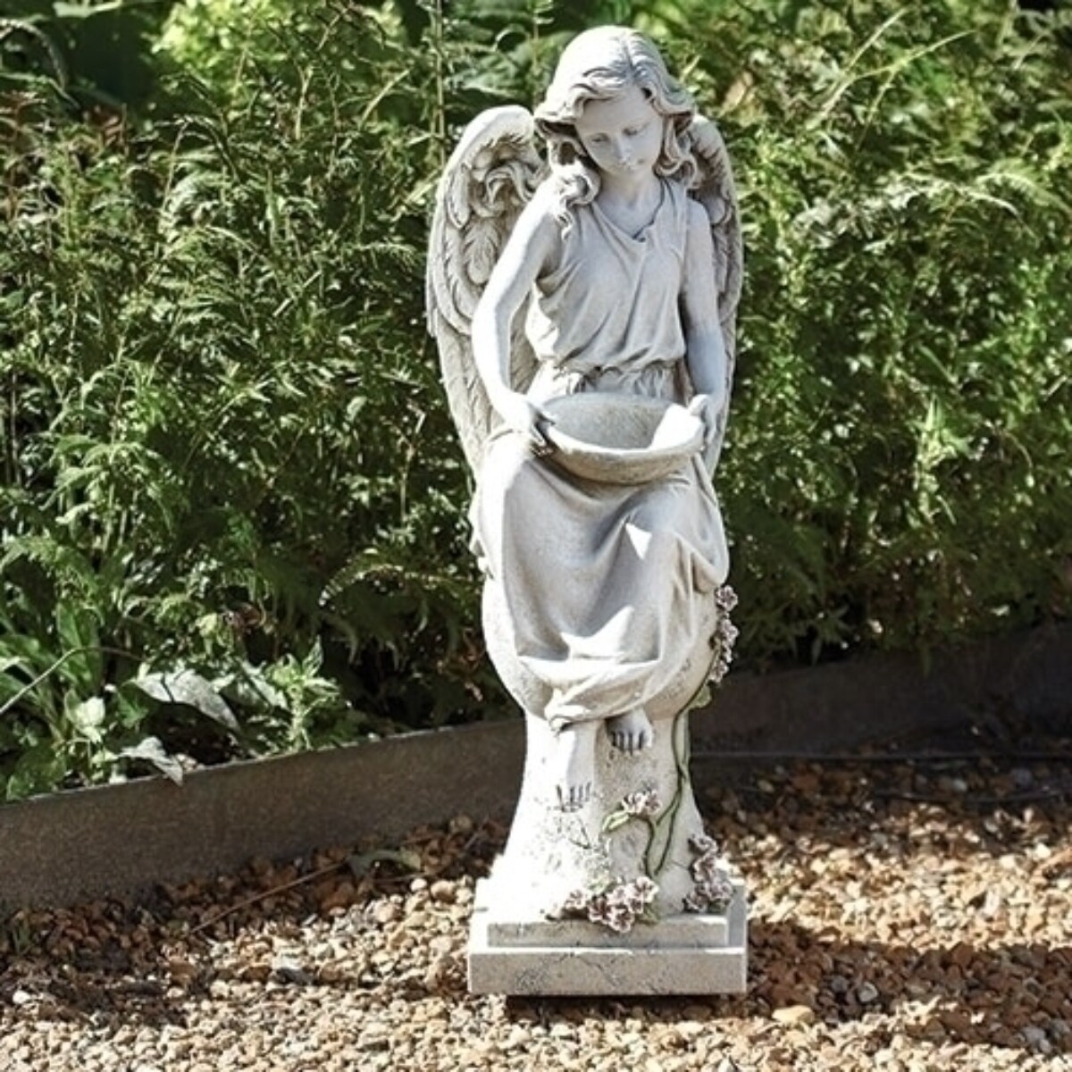Roman 21" Solar Angel Seating on Pedestal Birdbath Outdoor Garden ...