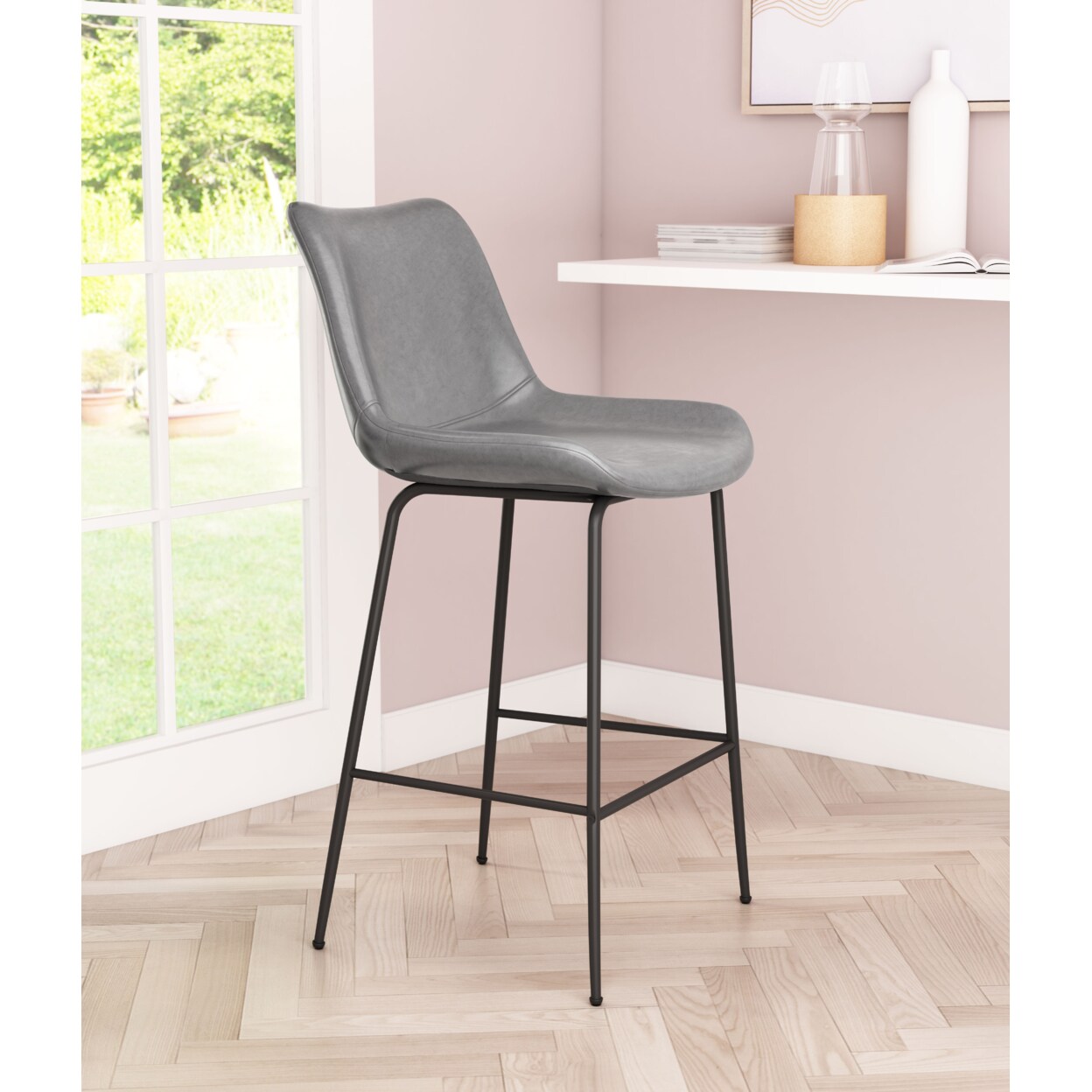 Byron Counter Stool Mid Century Modern Vinyl Matte Black Steel Frame 24 ...