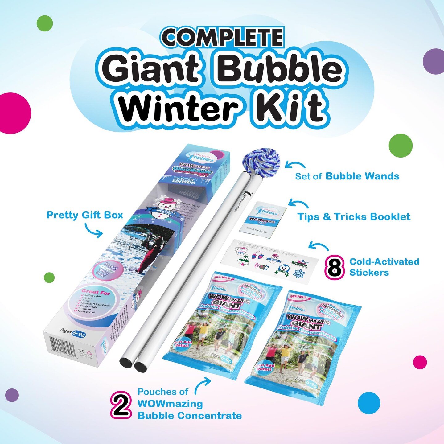 WOWmazing Winter Giant Bubble Kit | Wand + 2 Packets Bubble Concentrate ...