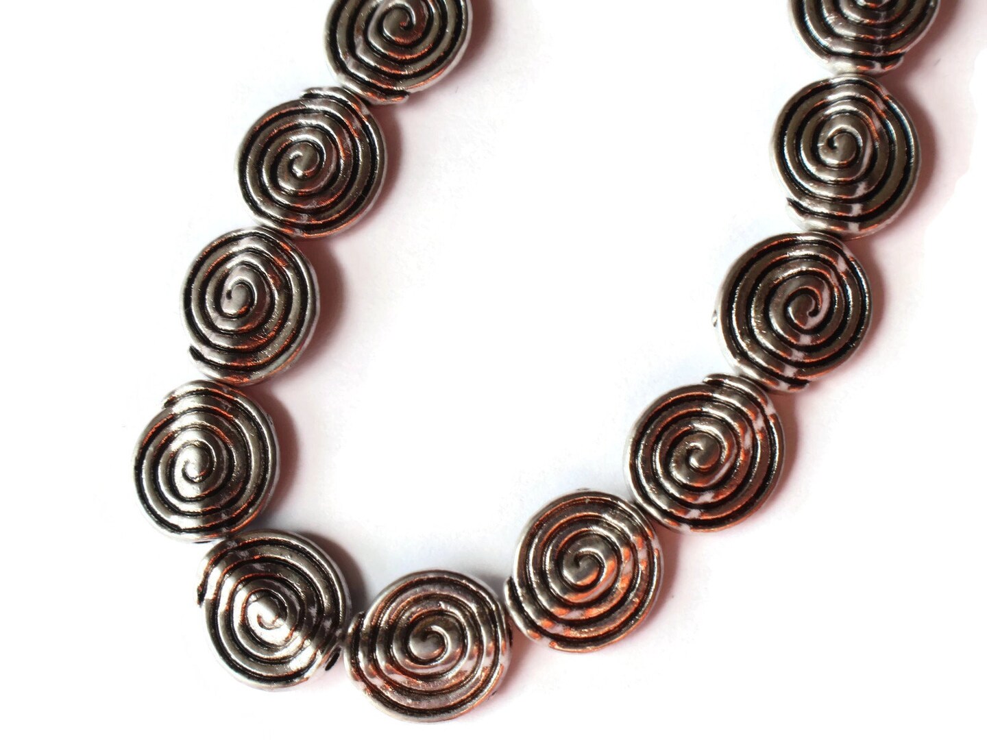 19 11.5mm Silver Spiral Metal Flat Round Coin Beads 8 Inch Strand ...