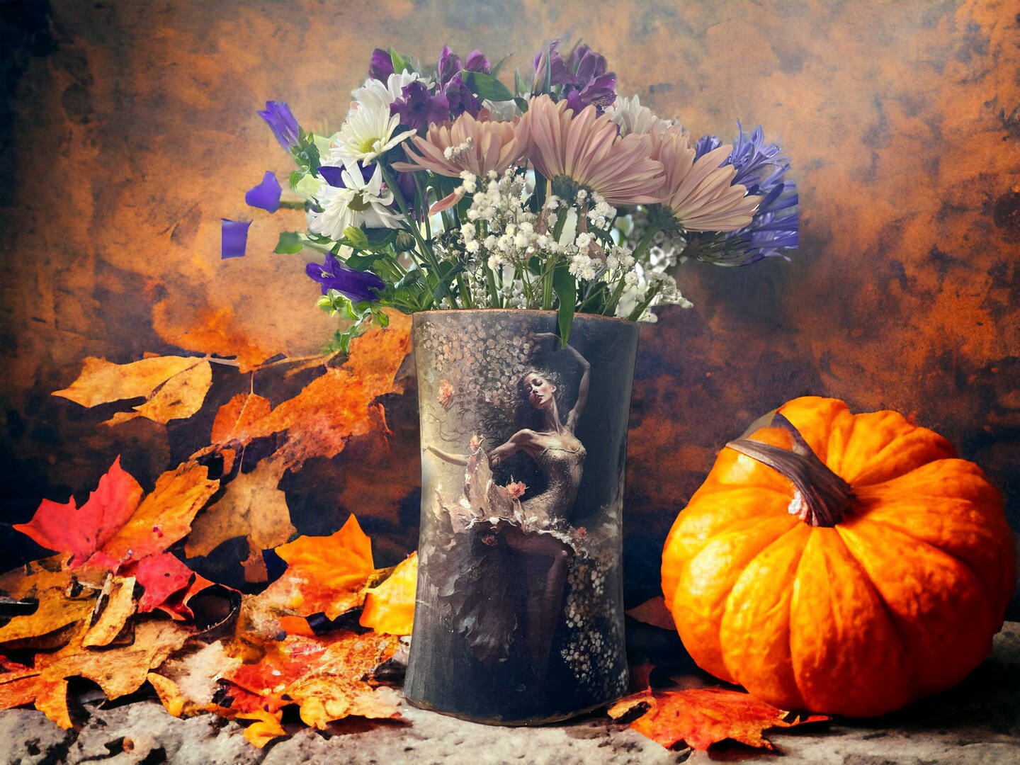 Handmade Floral Glass Vase, Hand Painted, Elegant Movement, Fall Home ...