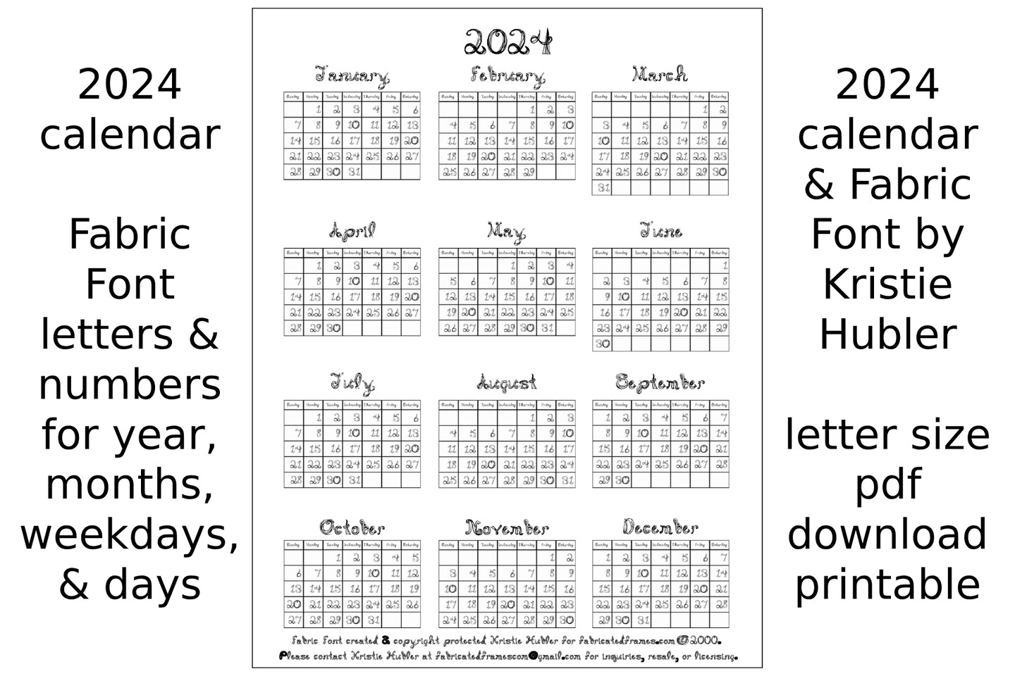 2024 Calendar Black Fabric Font Letters Numbers Characters Year Month ...