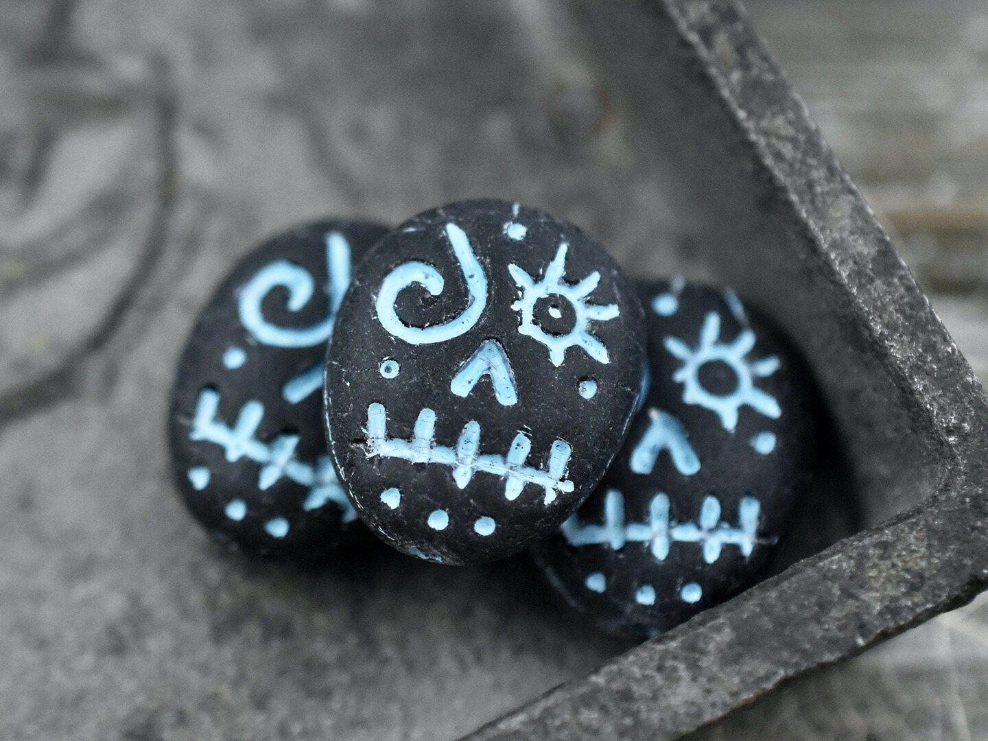 *4* 15x13mm Turquoise Washed Matte Black Voodoo Face Beads | Michaels