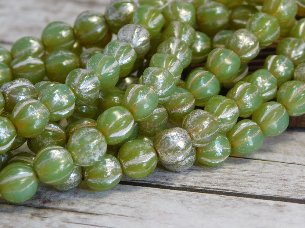 *25* 6mm Silver Mercury Washed Citrus Green Opal Fluted Round Melon ...