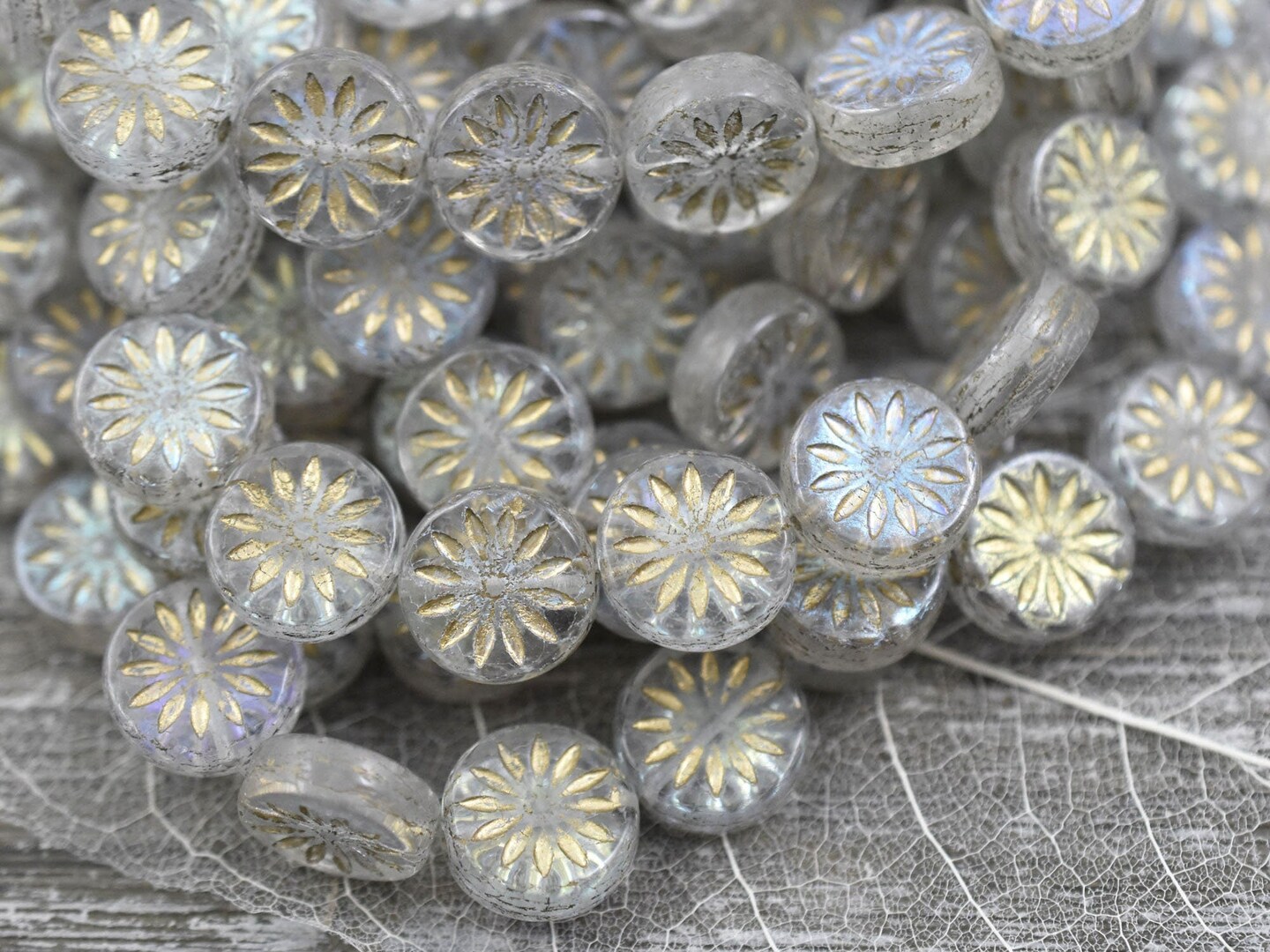 12mm Gold Washed Crystal AB Aster Flower Coin Beads, Count: 6 Beads ...