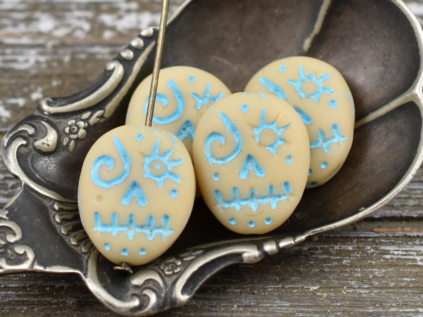 *4* 15x13mm Turquoise Washed Matte Beige Voodoo Face Beads | Michaels