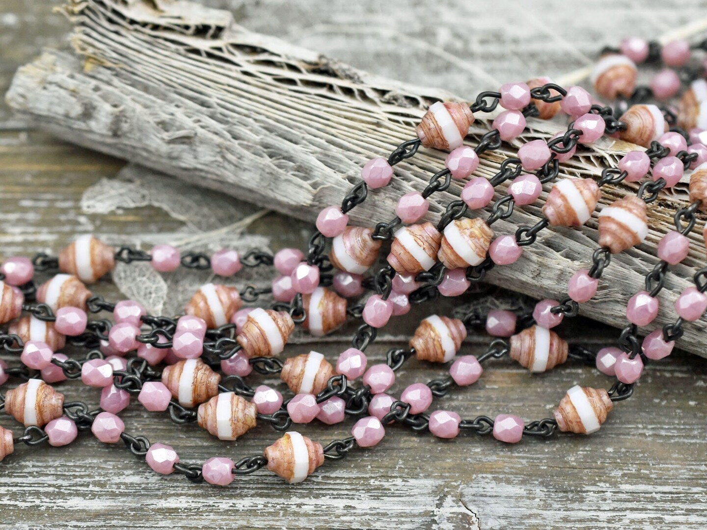 Czech Glass Alabaster Pink Picasso & Milky Pink Luster Beaded Chain w ...