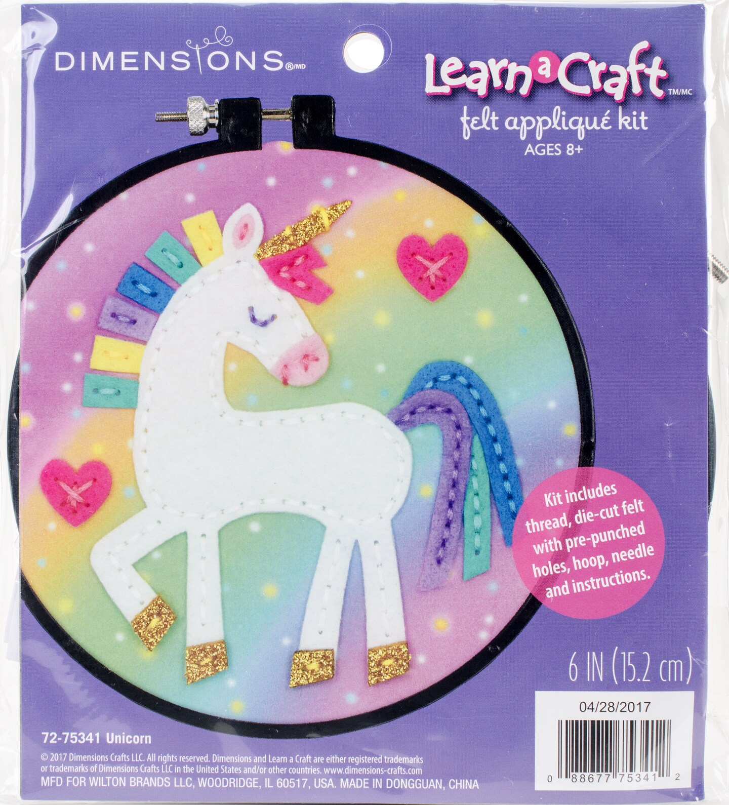 Dimensions Learn-A-Craft Felt Applique Kit 6" Round-Unicorn | Michaels