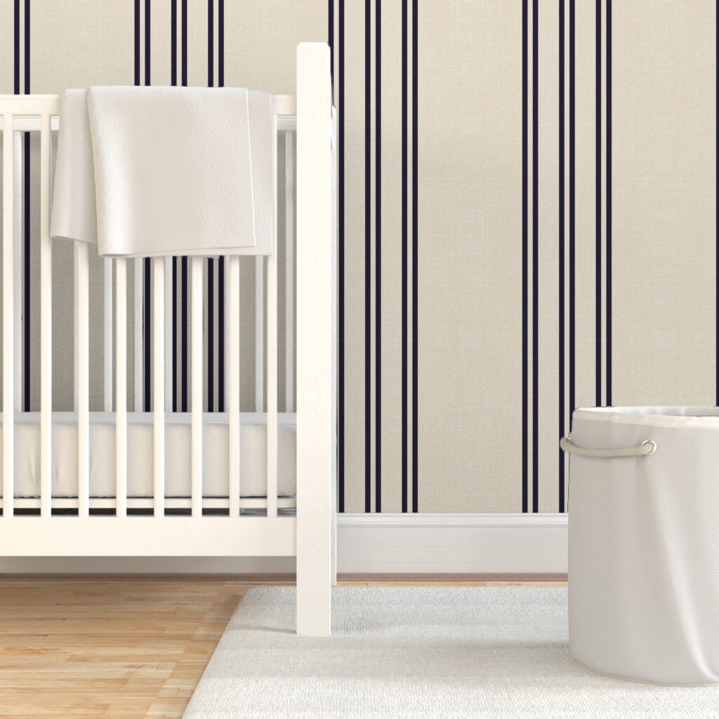 Pre-Pasted Wallpaper 2FT Wide Stripe Navy French Cream Basic ...