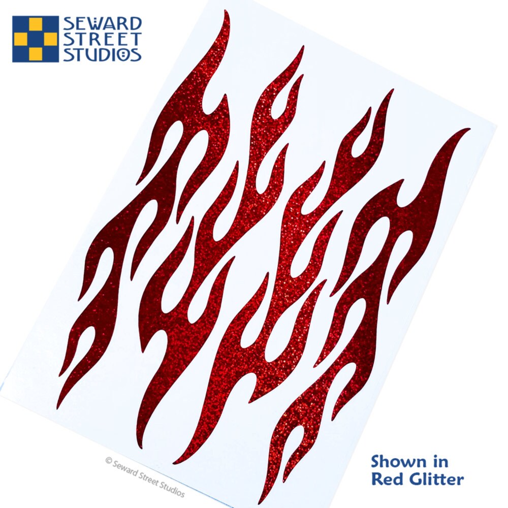 Set of 4 Red Flames Holographic Glitter Decals, Retro Fire Motorcycle ...