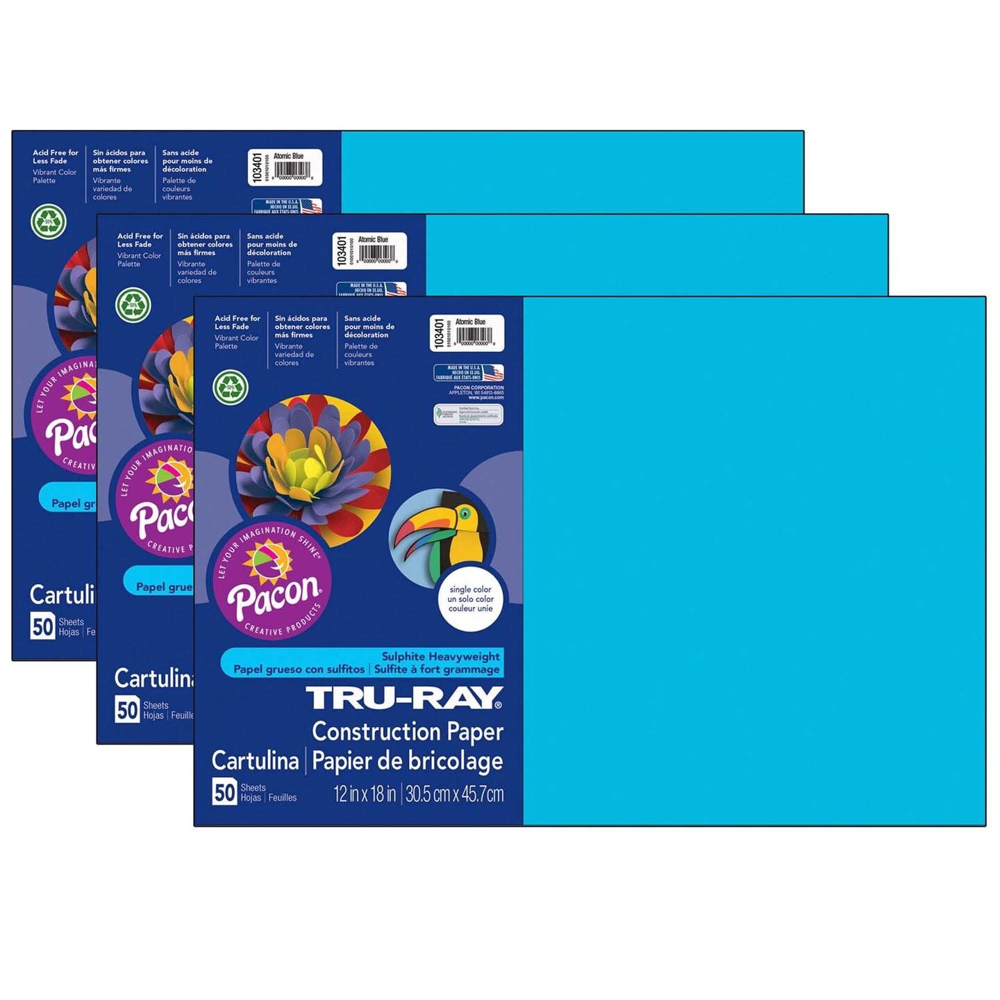Construction Paper, Atomic Blue, 12" x 18", 50 Sheets Per Pack, 3 Packs ...