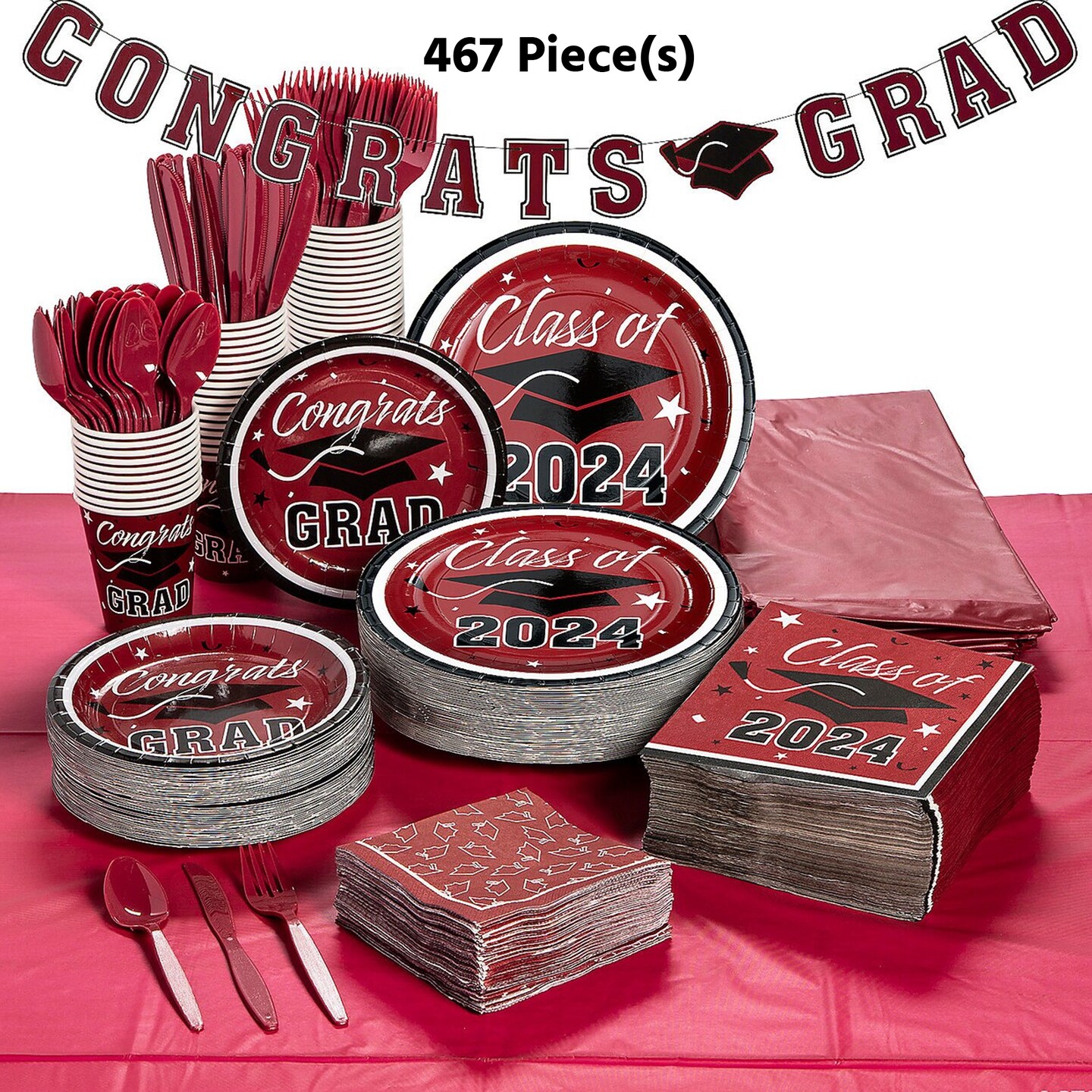 Bulk 467 Pc. Red 2024 Graduation Disposable Tableware Kit for 50 Guests ...