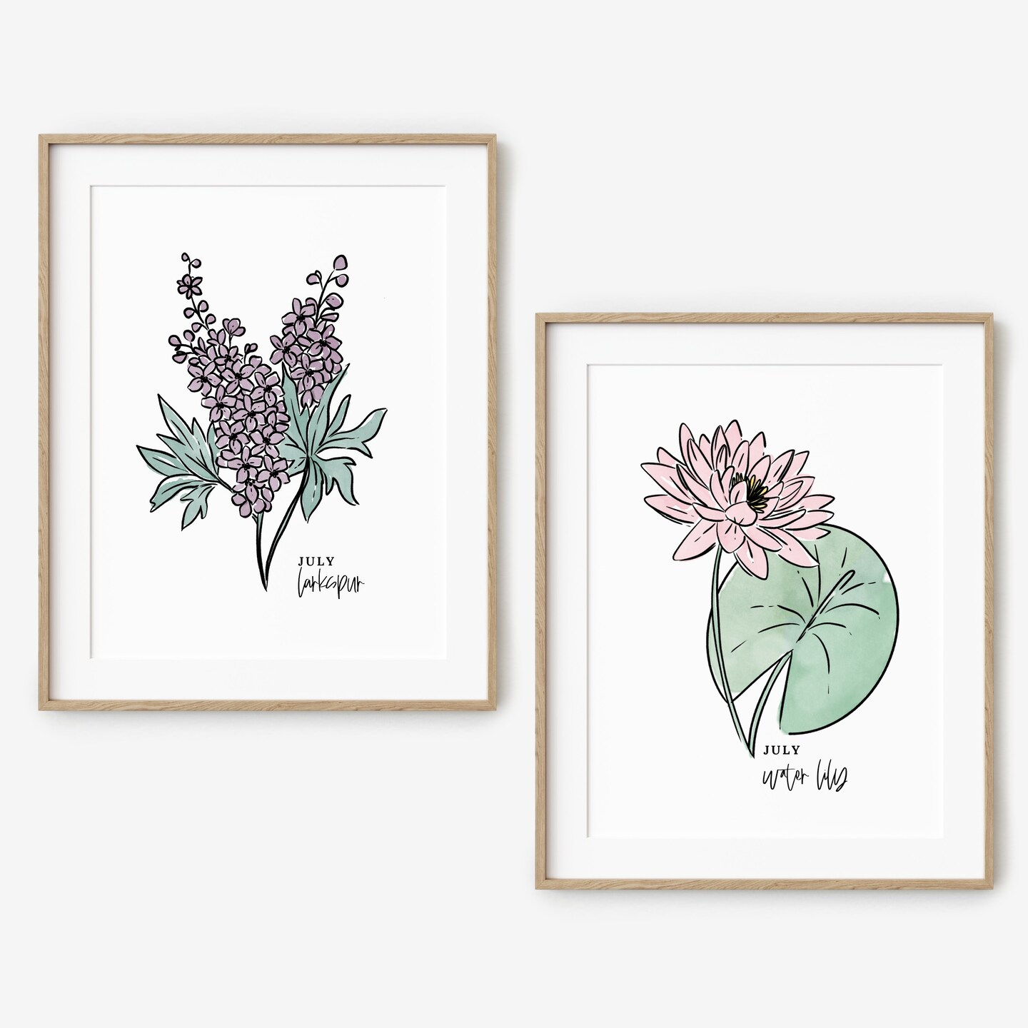 July Birth Flower Art Print | Larkspur Water Lily Unframed Birthday ...