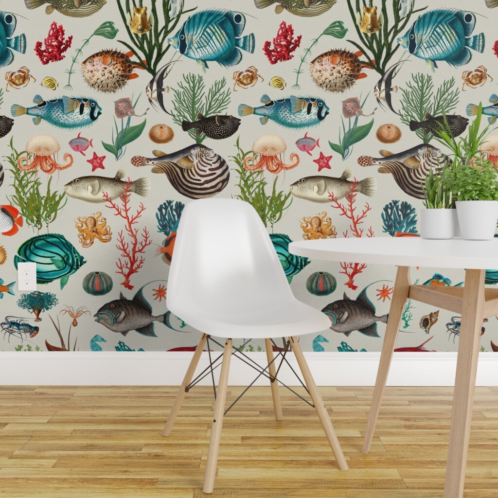 Peel Stick Wallpaper 2FT Wide Beige Ocean Sea Creatures Fish Tropical Peel Stick Wallpaper 2FT Wide Beige Ocean Sea Creatures Fish Tropical