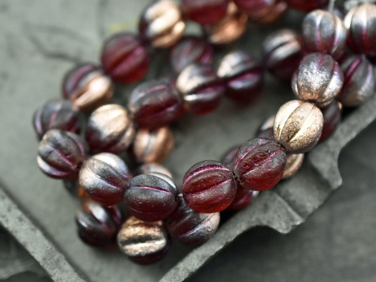 Metallic Pink & Copper Washed Etched Cranberry Round Melon Beads ...
